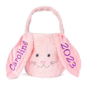 personalized easter candy basket with embroidered name - custom bunny plush tote bag easter baskets for kids - egg bucket goodies bags for easter - cute easter gift carrying buckets- pink