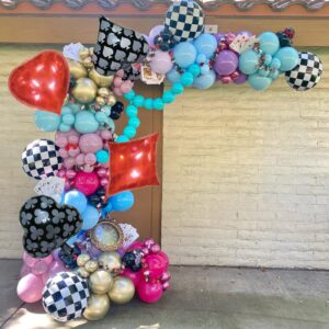 129pcs alice in wonderland balloon arch kit,blue pink gold balloons,playing card aluminum film balloon,checkerboard foil balloons,for alice theme birthday party,baby shower,tea party decorations (a)