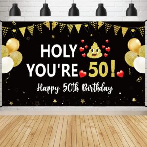 funny 50th birthday banner decorations for men women, black gold happy 50 birthday banner sign party supplies, fifty birthday photo booth background for outdoor indoor