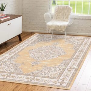 ikalife ultra-thin washable vintage area rug 5'x 7' for living room, low-pile area rugs non-shed non slip, unique chenille printed home decor, perfect for bedroom dining room kitchen, yellow