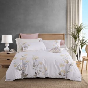 melange home cotton floral embroidery duvet set, king, blue stitching on white