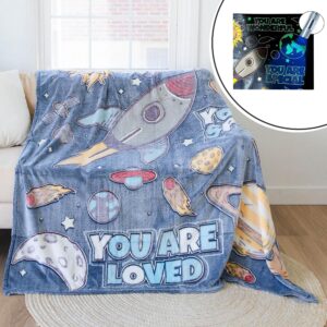 glow in the dark blanket - super-sized 59"x71" plush space blanket for kids & teens w/mini uv flashlight- soft thick polyester blankets w/words of affirmation - fluffy kids blanket for boys & girls