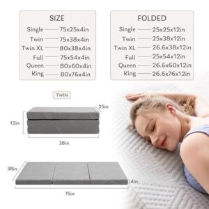 Tri-Fold Memory Foam Mattress, 4 inch Twin XL Folding Mattress with Collapsible and Washable Cover, Travel and Guest Mat, 80"×38"×4", Grey