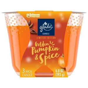 glade candle golden pumpkin & spice, fragrance candle infused with essential oils, air freshener candle, 3-wick candle, 6.8 oz