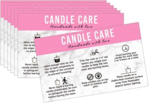 handmade candle care instruction card, card, for makers soy bees wax coconut essential oils black with white, 50 pack 3.5 x 2 inches (pink)