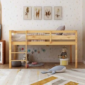 merax twin size wood low loft bed frame for kids junior low loft bunk bed with full length guardrails walnut