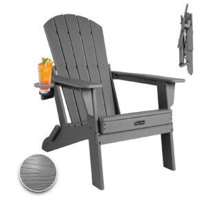 plawdlik folding adirondack chair, sgs tested, wooden textured with cup holder, heavy all-weather hdpe comfortable set poolside backyard lawn grey