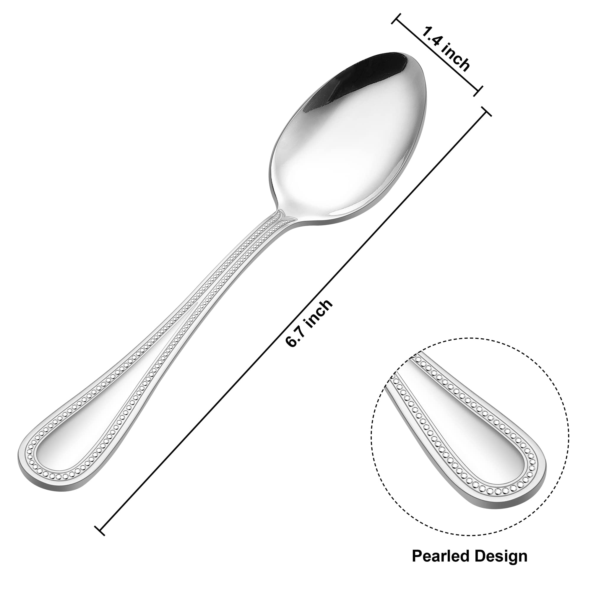 E-far Stainless Steel Teaspoons Set of 12, 6.7 Inch Pearled Edge Small Dessert Tea Spoons Silverware for Home, Kitchen and Restaurant, Non-toxic, Mirror Polished, Dishwasher Safe