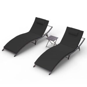 rtdtd 3 pieces patio chaise lounge set outdoor pe rattan lounge chair adjustable backrest reclining chair with folding table and cushion for patio poolside backyard porch beach(black)