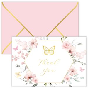 gooji 4x6 butterfly dream thank you cards with envelopes (bulk 20-pack) baby shower, bridal shower, wedding, greeting, blank notes business box assorted stationary pink flowers