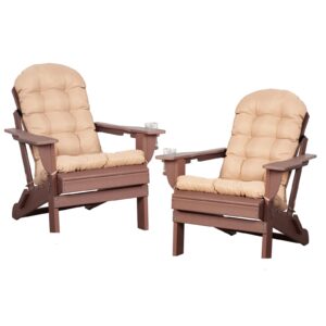 loeniy adirondack chairs set of 2 with cushions & cup holders, hdpe weather resistant folding adirondack chair for adults, outdoor fire pit chairs for patio/porch/swimming pool/garden (2, brown)