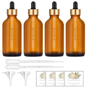 qeirudu 4 oz dropper bottles - 4 pack amber tincture bottles with dropper, funnel, labels & pipette empty glass eye dropper bottles for essential oils, perfum