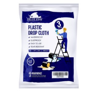 pilot fish 2 mil plastic drop cloth for painting, plastic sheeting 3 pack 9x12 feet waterproof drop cloth heavy duty thick traps clear cloth for furniture cover, dustproof tear resistance couch cover