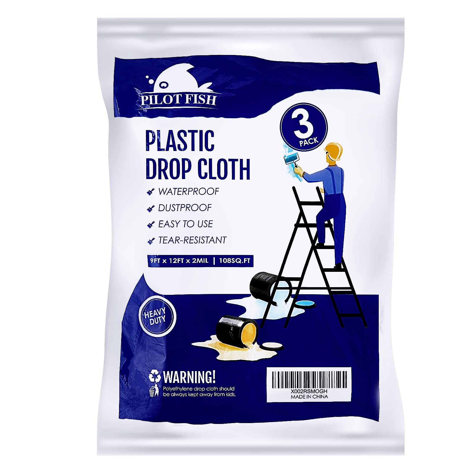 PILOT FISH 2 Mil Plastic Drop Cloth for Painting, Plastic Sheeting 3 Pack 9x12 Feet Waterproof Drop Cloth Heavy Duty Thick Traps Clear Cloth for Furniture Cover, Dustproof Tear Resistance Couch Cover