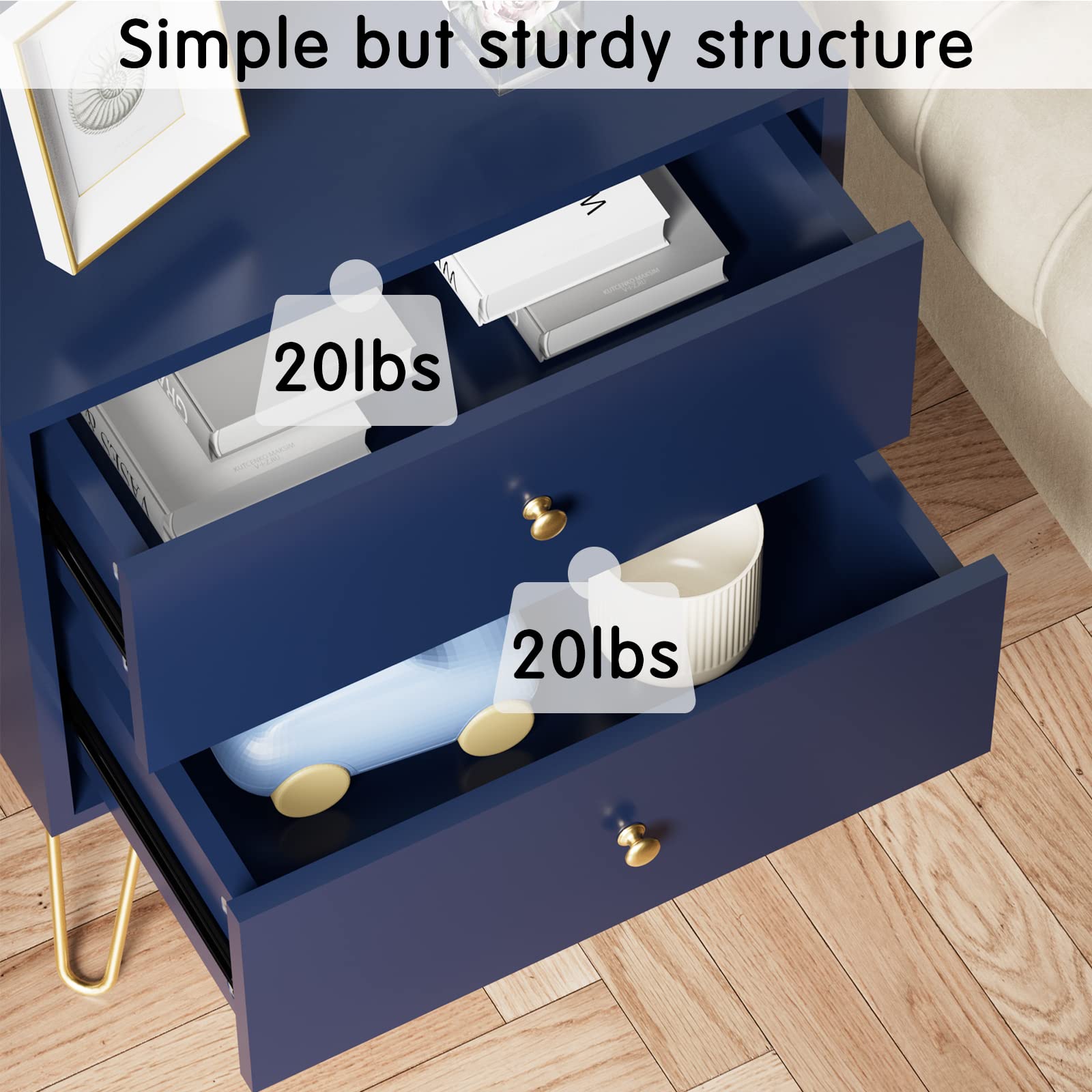 Scurrty 20'' End Table Nightstands Set of 1 Bedside Table Large Sofa End Tables with Wide Top 2 Storage Drawers Metal Legs Bedside Night Table Storage in Bedroom Stable Metal Frame