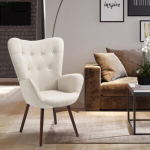 furniturer armchair living room chair, velvet upholstered wingback accent chair, tufted vanity chair high back solid wood legs lounge leisure chair, beige