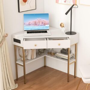 ifanny corner desk with power outlet, 90 degrees triangle desk w/storage shelves and drawers, corner makeup vanity table, corner desks for small spaces, small corner desk for bedroom, study (white)