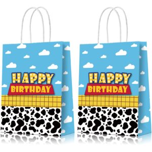 16 pcs cartoon story birthday party favor bags, cow pattern birthday goodie treat bags party supplies, blue sky white cloud kraft paper candy gift bags with handle for kids birthday party decorations