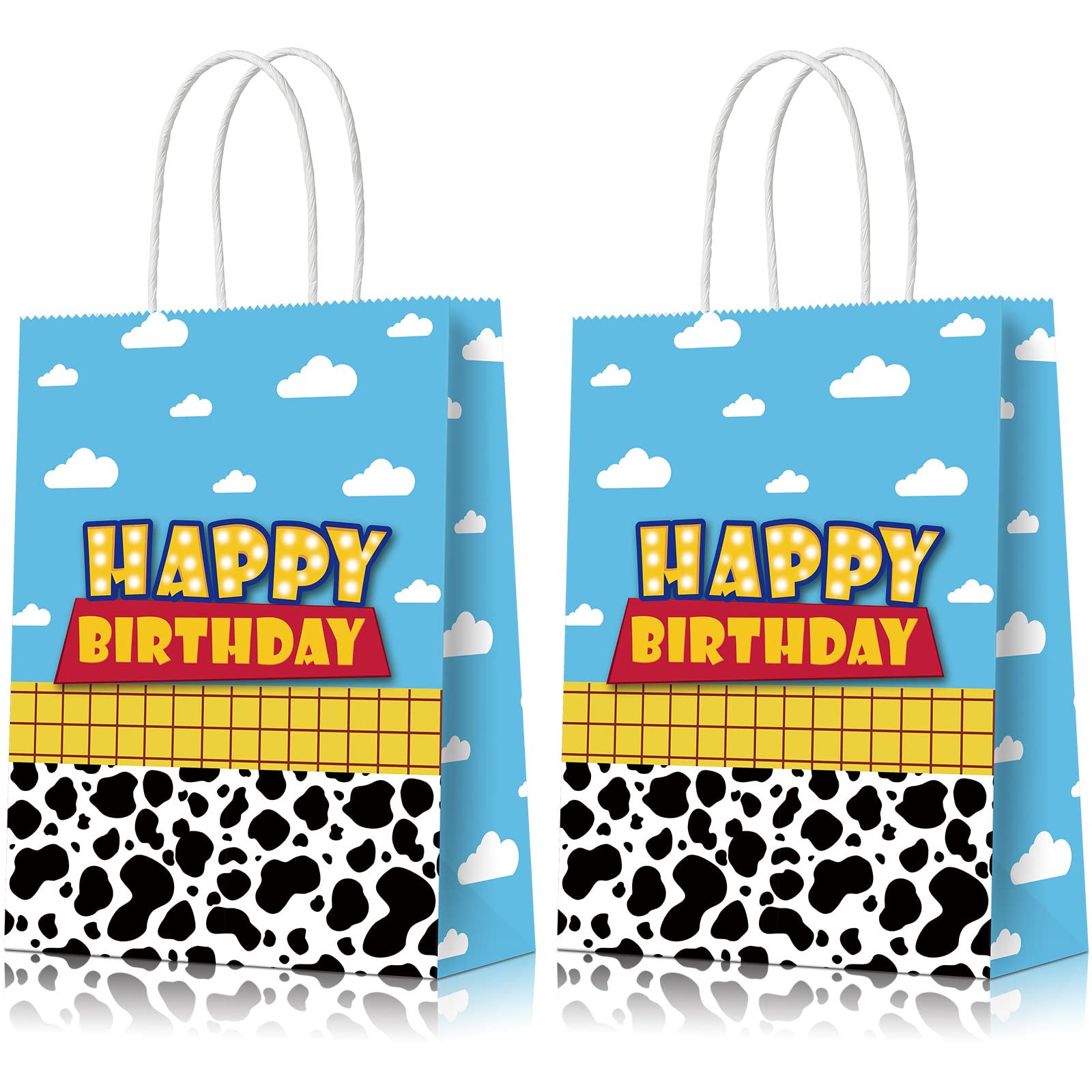 16 Pcs Cartoon Story Birthday Party Favor Bags, Cow Pattern Birthday Goodie Treat Bags Party Supplies, Blue Sky White Cloud Kraft Paper Candy Gift Bags with Handle for Kids Birthday Party Decorations