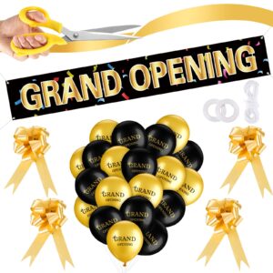 grand opening ribbon cutting ceremony kit grand opening banner grand opening decorations with 10'' scissors 40 pcs balloons satin ribbon bows and more supplies for business events (black gold)