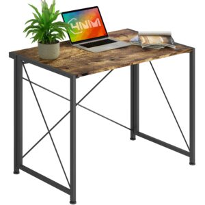 4nm 33.5" small folding desk,home office computer desk foldable desk for small spaces,space saving portable desk craft table study writing workstation easy assembly, rustic brown and black