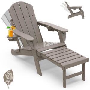 greenvines folding adjustable backrest adirondack chairs with ottoman | set of 2 | wood grain | hdpe all-weather reclining firepit chair | cup holders & footrest | grey