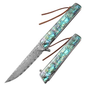 augenweide damascus steel pocket knife, abalone handle, damascus knife with for men, great as father's valentine's day christmas day gift (c-only a knife)