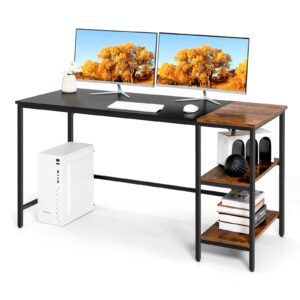 multifunctional computer desk, industrial study writing desk w/removable storage shelf, heavy-duty metal frame, 55 inch desk for home office, gaming room, bedroom (black)