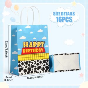 16 Pcs Cartoon Story Birthday Party Favor Bags, Cow Pattern Birthday Goodie Treat Bags Party Supplies, Blue Sky White Cloud Kraft Paper Candy Gift Bags with Handle for Kids Birthday Party Decorations