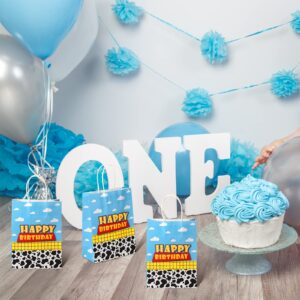 16 Pcs Cartoon Story Birthday Party Favor Bags, Cow Pattern Birthday Goodie Treat Bags Party Supplies, Blue Sky White Cloud Kraft Paper Candy Gift Bags with Handle for Kids Birthday Party Decorations