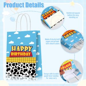 16 Pcs Cartoon Story Birthday Party Favor Bags, Cow Pattern Birthday Goodie Treat Bags Party Supplies, Blue Sky White Cloud Kraft Paper Candy Gift Bags with Handle for Kids Birthday Party Decorations