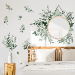 decalmile botanical green leaves wall stickers eucalyptus leaf plants wall art decals bedroom living room tv background wall decor