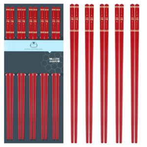 5 pairs chinese chopsticks reusable fiberglass dishwasher safe, 9.6 inch/24.3cm matte non-slip family/ hotel/ restaurant japanese chop sticks, christmas&new year chopstick gift, traditional red