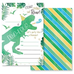 grace yonks stomp chomp&roar party birthday invitation, 20 invitations and envelopes for third birthday party invitations, dinosaur birthday party supplies.(114) (party 115)