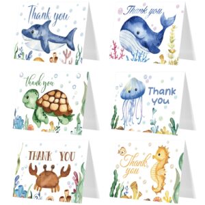 24 sets under the sea thank you cards with envelopes whale, shark and turtle thank you notes ocean watercolor baby thank you cards sea animal greeting cards for birthdays baby shower wedding kids