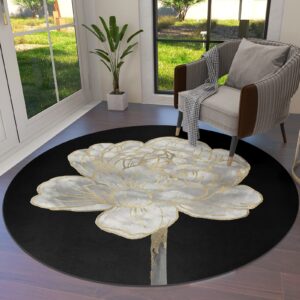 abstract white floral round area rug 3.3ft,washable outdoor indoor carpet runner rug for bedroom,kitchen,living room,spring botanical flower gold line black area+rug small bath door desk floor mat