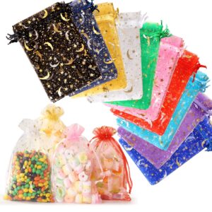 enniyu 100 pieces moon star organza jewelry candy bags, 3x4inch random colors mesh bags, organza favor bags gift pouches with drawstrings for weddings, parties, and valentine's day.