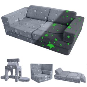 memorecool kids couch, 10-piece modular play couch for playroom, fold out kids sofa for girl boy, glow star