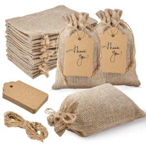 jutieuo 25pcs small burlap bags with drawstring 4x6 inch reusable premium mini gift bag with tag and string, linen sacks bags for weddingparty favor bags, jewelry pouches, coffee, diy craft bags