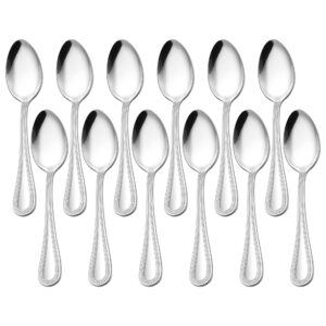 e-far stainless steel teaspoons set of 12, 6.7 inch pearled edge small dessert tea spoons silverware for home, kitchen and restaurant, non-toxic, mirror polished, dishwasher safe