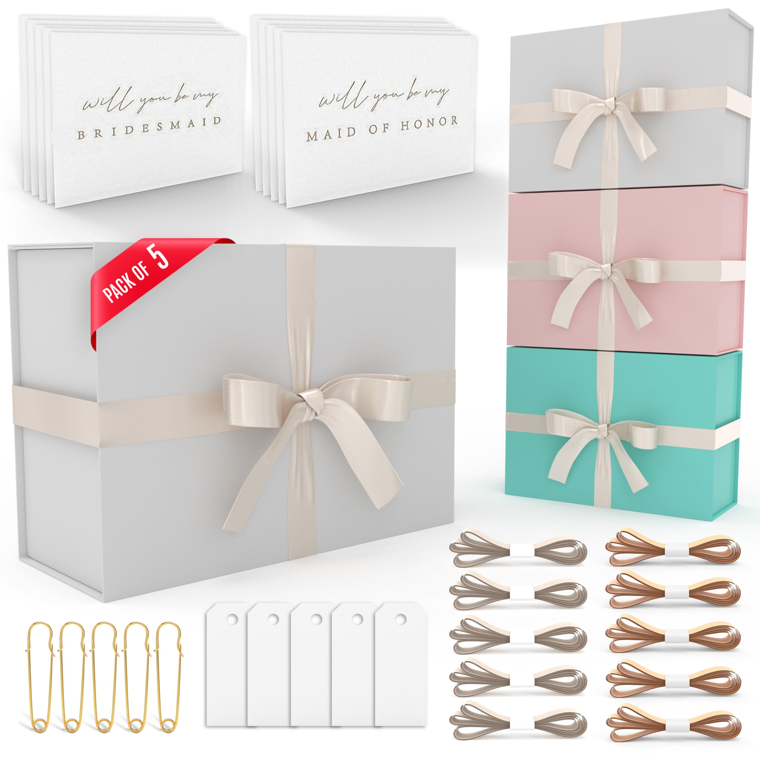 iPassion Gift Box Set - Bridesmaids Gifts for Wedding (5 Pack), All Occasions, Bridesmaid Proposal, Magnetic Boxes With Lids, Big Set For Bridal, 13.5 x 9 x 4.5 inches, Large White GiftBox