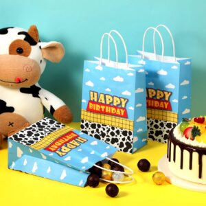 16 Pcs Cartoon Story Birthday Party Favor Bags, Cow Pattern Birthday Goodie Treat Bags Party Supplies, Blue Sky White Cloud Kraft Paper Candy Gift Bags with Handle for Kids Birthday Party Decorations