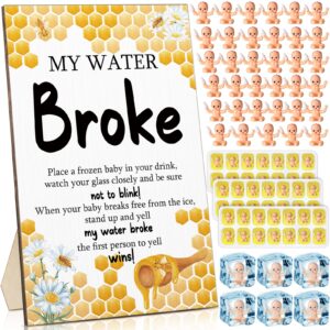 54 pcs my water broke game baby shower game sign wooden baby gift sets gender reveal party decors 50 tiny plastic babies small mini baby 3 ice cube trays for baby shower gender reveal party (bee)