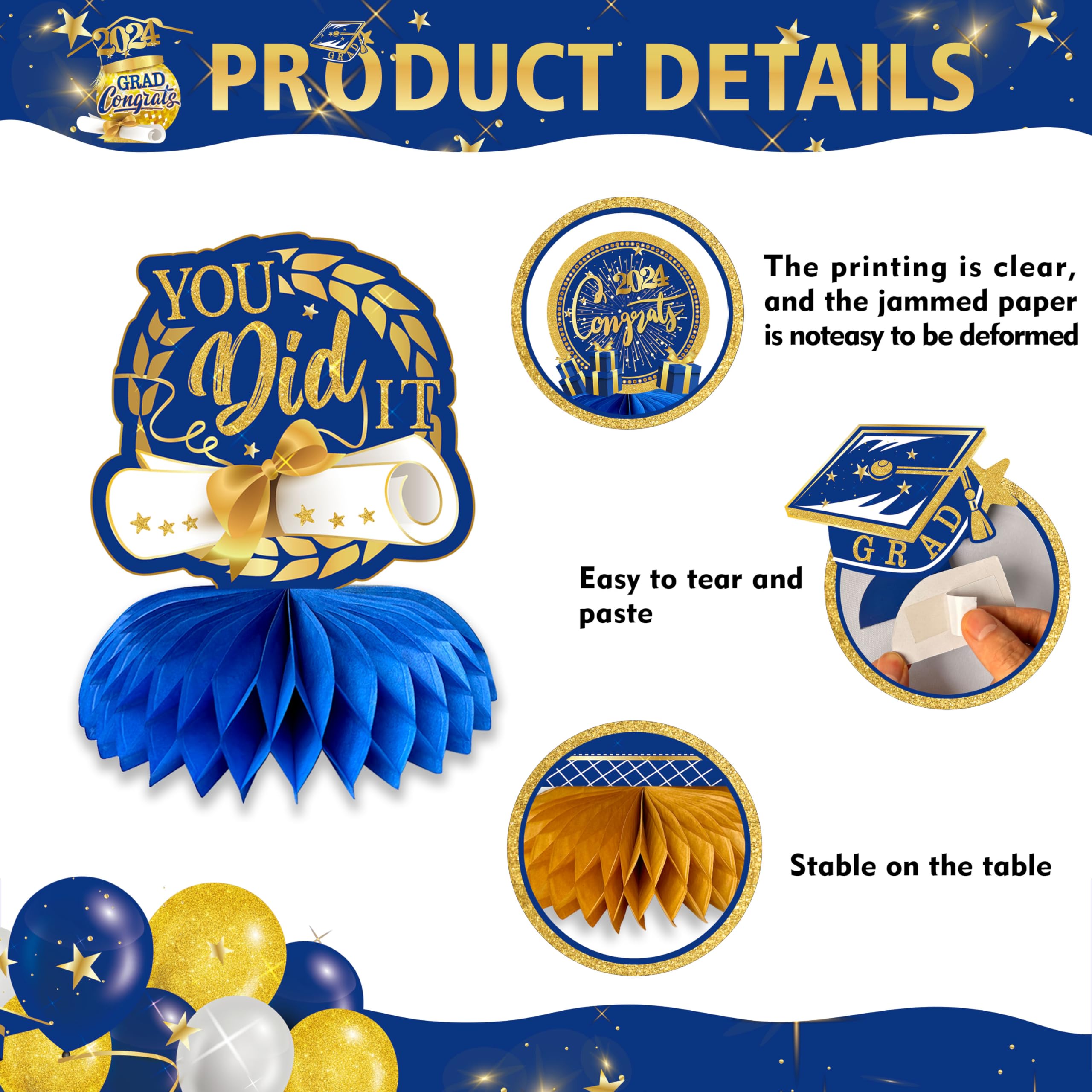 9 PCS Graduation Party Decorations Class of 2024 Black and Gold Congrats Grad Honeycomb Centerpieces for Tables 2024,Congratulate Graduation Table Toppers for Graduation Party Favor Supplies