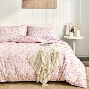 mcvernon's floral duvet cover twin size, 2 pcs purple-pink duvet cover for all season, soft, breathable ＆ durable bedding sets with zipper closure and ties, 1 duvet cover and 1 pillow shams