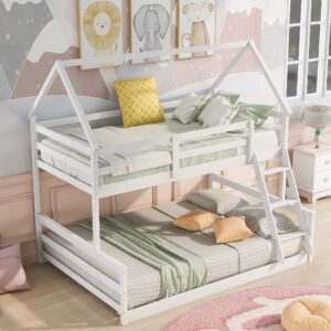 merax wood bunk bed with ladder twin over full,montessori low bunk bed for boys, girls space-saving,no box spring needed white