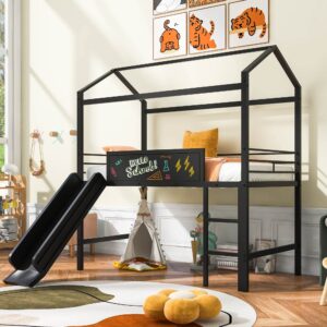 harper & bright designs twin house loft bed metal house bed frame with slide and chalkboard, low loft beds with guardrail and ladder, twin size loft bed for kids teens girls boys (black)