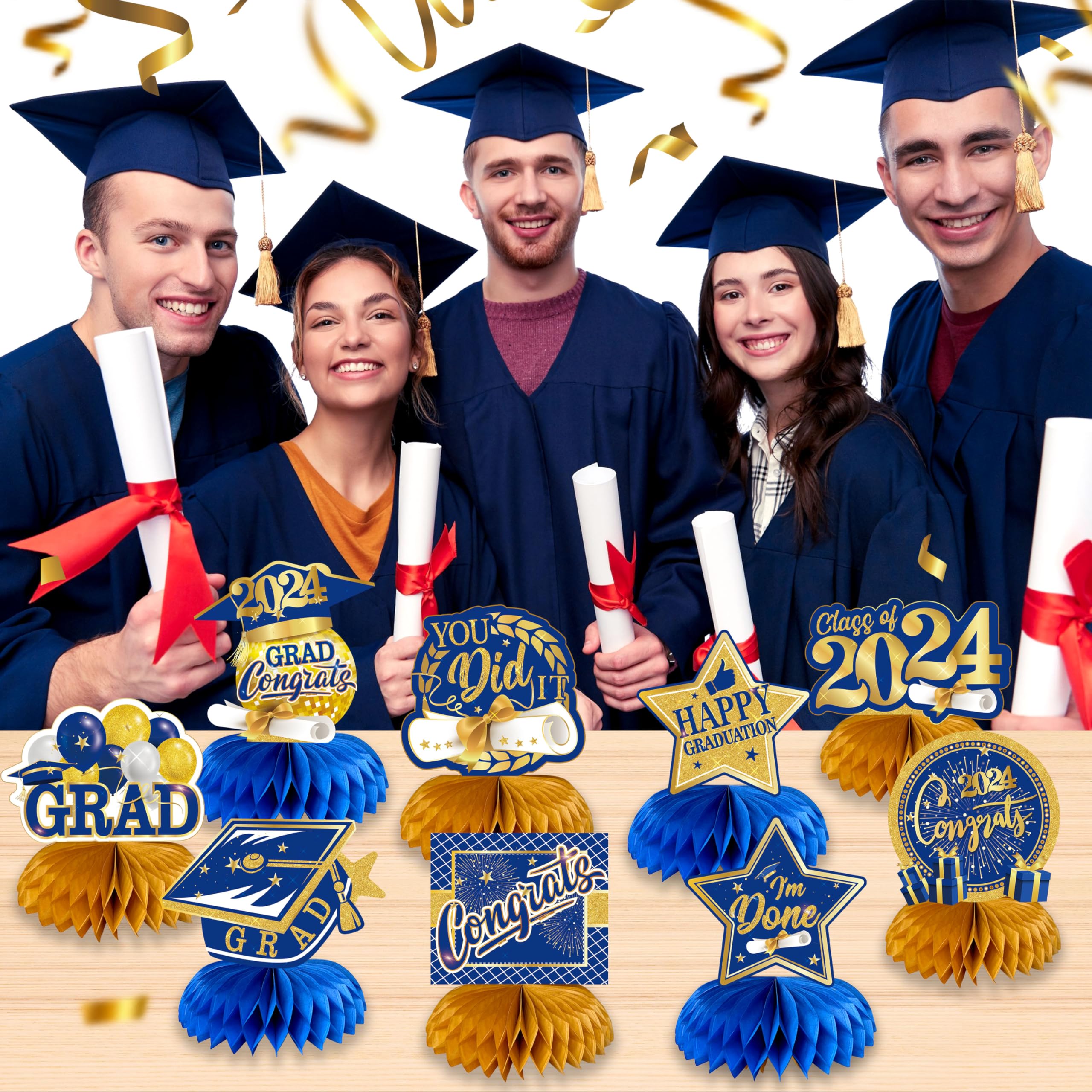 9 PCS Graduation Party Decorations Class of 2024 Black and Gold Congrats Grad Honeycomb Centerpieces for Tables 2024,Congratulate Graduation Table Toppers for Graduation Party Favor Supplies