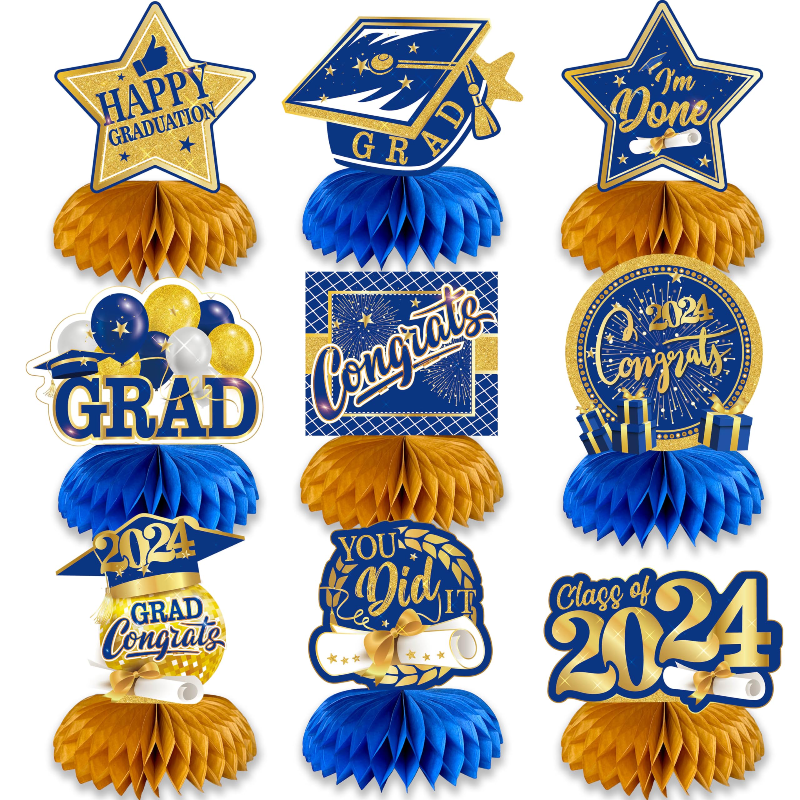 9 PCS Graduation Party Decorations Class of 2024 Black and Gold Congrats Grad Honeycomb Centerpieces for Tables 2024,Congratulate Graduation Table Toppers for Graduation Party Favor Supplies