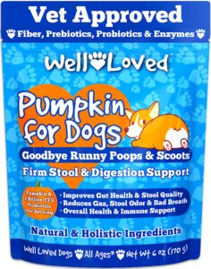 well loved pumpkin for dogs - pumpkin puree, canned pumpkin (alternative), fiber for dogs, probiotic powder, pumpkin powder, dog diarrhea, digestive support, perfect for firm poops and no scoots, 6 oz